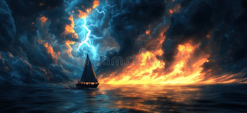 Dramatic Sunset with Lightning Storm Over Ocean and Sailboat Silhouette ...