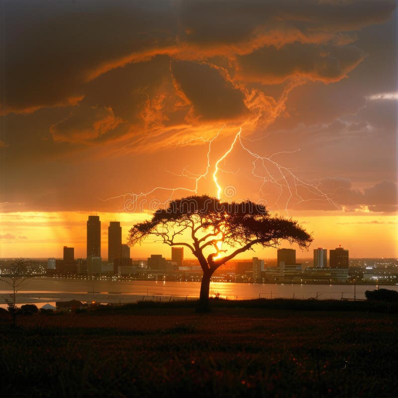 Dramatic Sunset with Lightning Strikes Behind a Silhouette Tree and ...