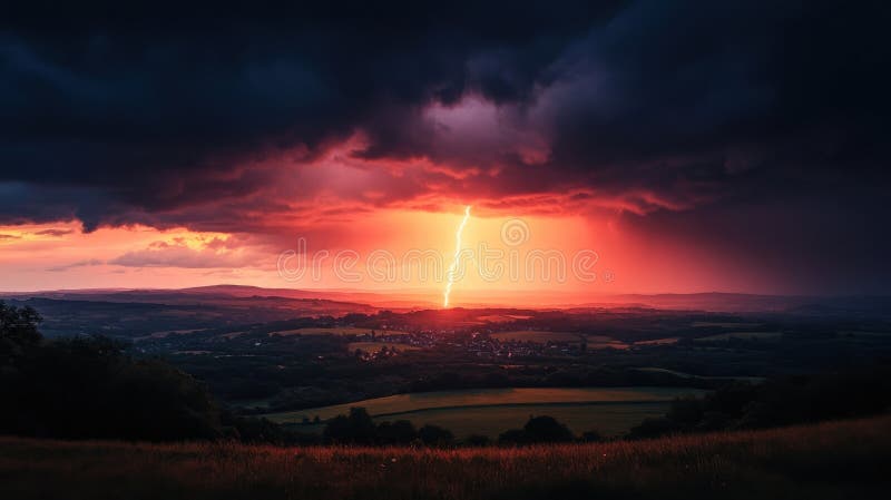 Dramatic Sunset with Lightning Striking through Dark Clouds Over a ...