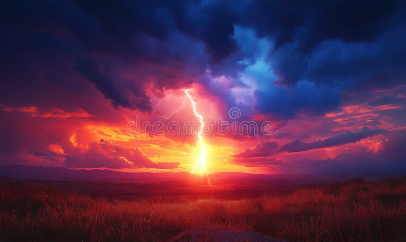 Dramatic Sunset with Lightning Striking Over a Vibrant Landscape Stock ...
