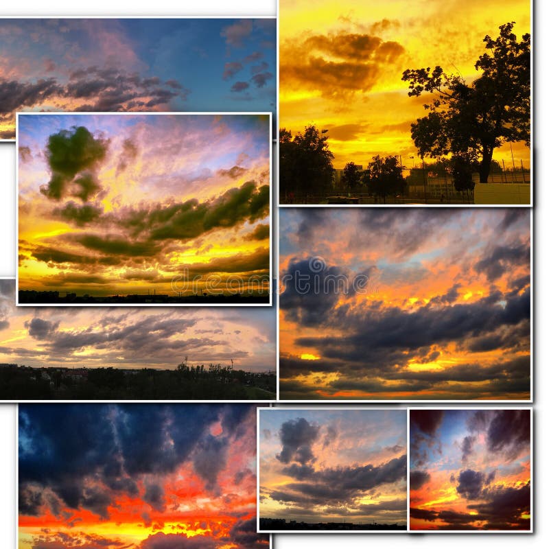 Dramatic Sunset Like Fire in the Sky with Golden Clouds Collage Stock ...