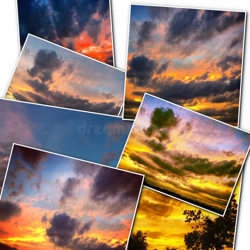 Dramatic Sunset Like Fire in the Sky with Golden Clouds Collage Stock ...