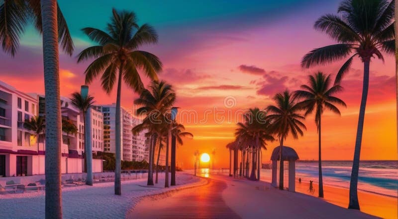 Sunset at the Miami Beach, Miami Beach Scene, Fantastic View of the ...