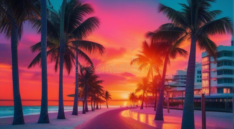 Sunset at the Miami Beach, Miami Beach Scene, Fantastic View of the ...