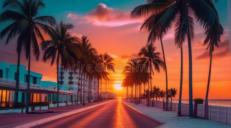 Sunset at the Miami Beach, Miami Beach Scene, Fantastic View of the ...