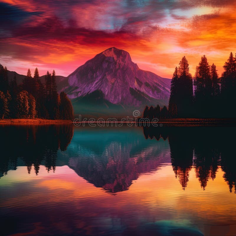 Dramatic Sunset in Mountain Area Stock Illustration - Illustration of ...