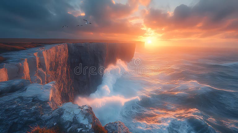 Dramatic Sunset Ocean Cliff Waves Birdscape Stock Illustration ...