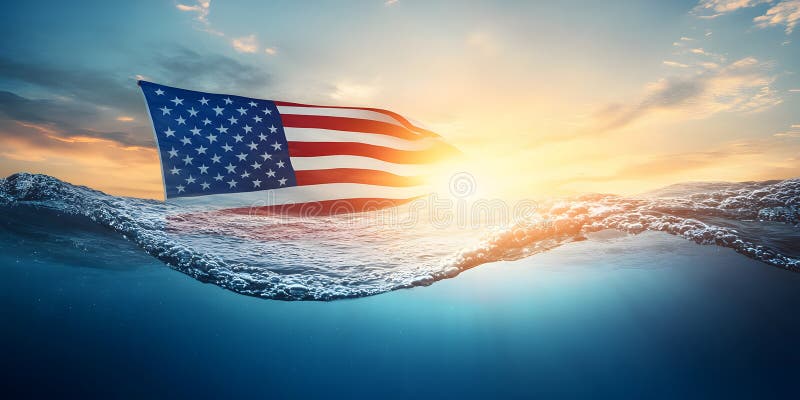 Dramatic Sunset Ocean Scene with American Flag Waving Above Water Stock ...
