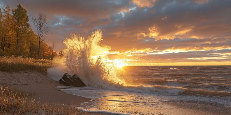 Dramatic Sunset Ocean Waves Crashing on Shore Autumn Beach Scene Stock ...