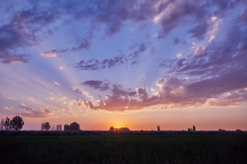 Dramatic Sunset on the Open Field Stock Photo - Image of rural ...