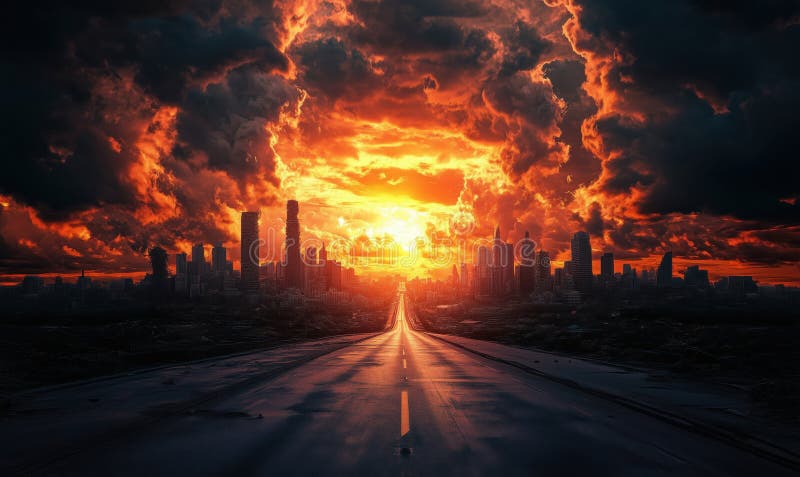 Dramatic Sunset Over Abandoned City Skyline with Ominous Clouds and ...