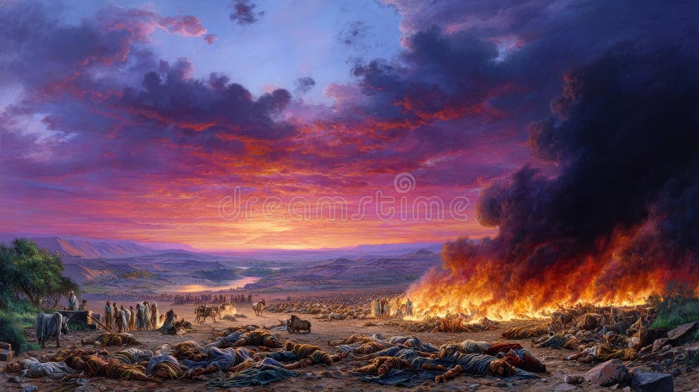 Dramatic Sunset Over Biblical Battlefield with Fire and Figures Stock ...
