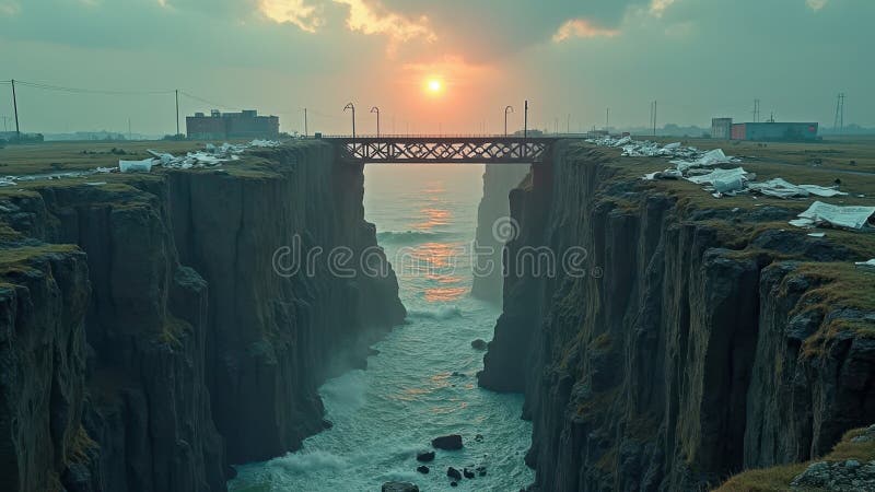 Dramatic Sunset Over Bridge Spanning Rugged Coastal Cliffs and Ocean ...