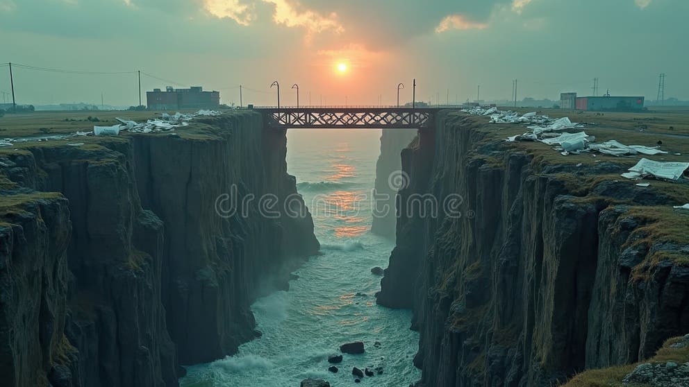 Dramatic Sunset Over Bridge Spanning Rugged Coastal Cliffs and Ocean ...