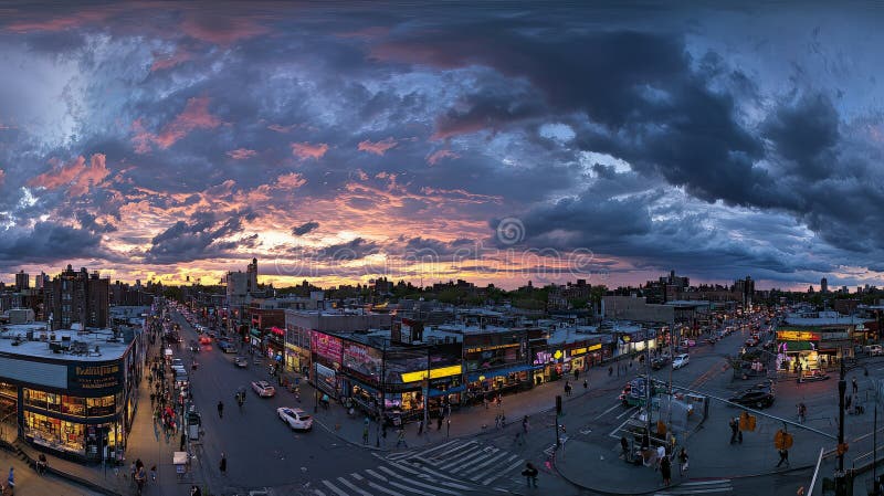 Dramatic Sunset Over a Bustling City Street Scene at Dusk Stock Image ...
