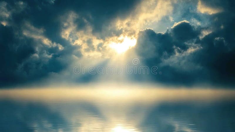 Dramatic Sunset Over Calm Sea with Sun Rays Breaking through Dark ...