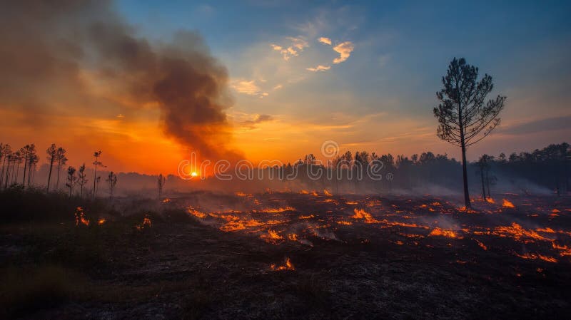 Dramatic Sunset Over a Charred Forest after Wildfire Devastation Stock ...