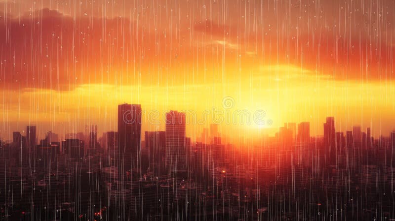 Dramatic Sunset Over City Skyline with Rain Creating a Moody and ...