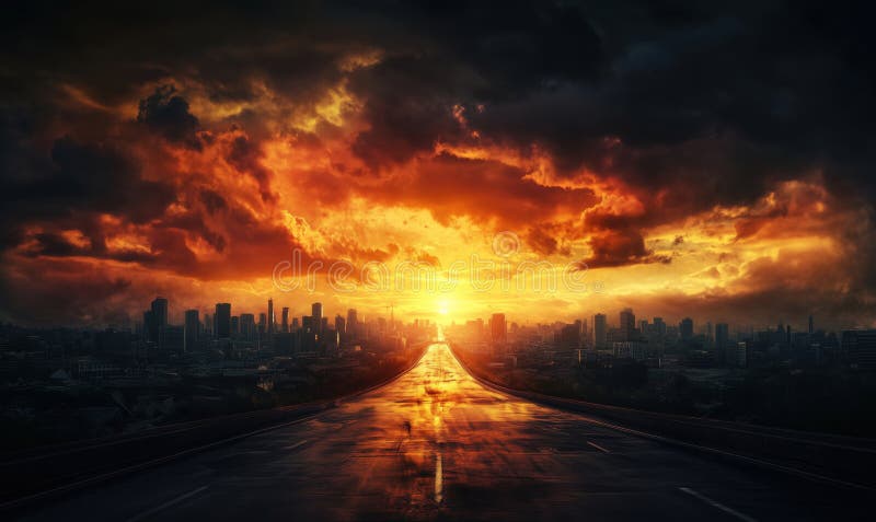 Dramatic Sunset Over City Skyline with Reflective Highway and Stormy ...