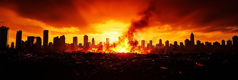 A Dramatic Sunset Over a Cityscape Engulfed in Flames, Showcasing ...