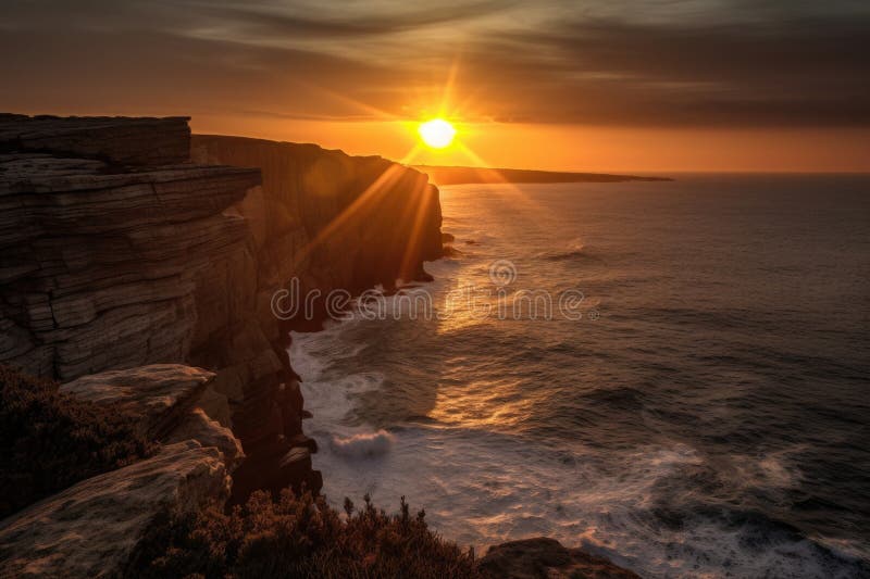 Dramatic Sunset Over Coastal Cliffs, with the Sun Disappearing into the ...