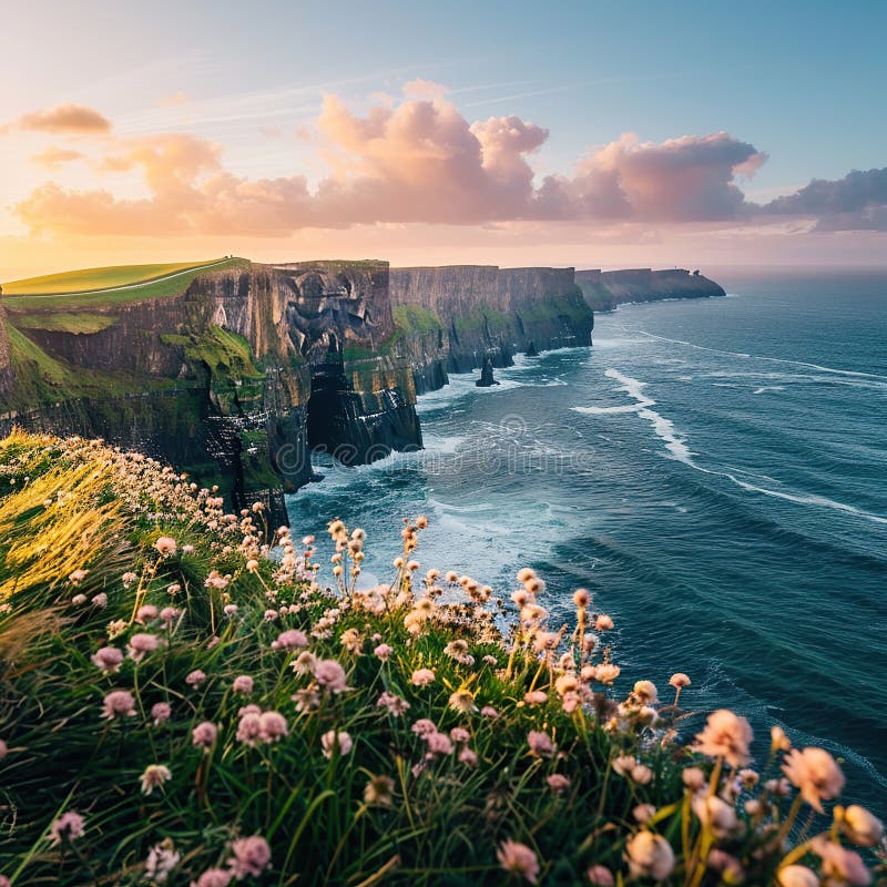 Dramatic Sunset Over Coastal Cliffs and Wildflowers Stock Image - Image ...