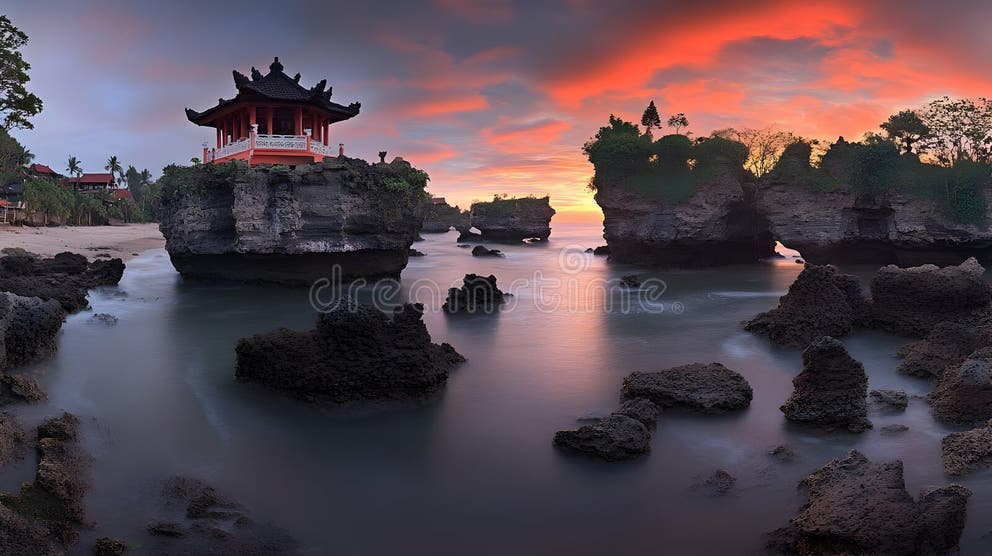 Dramatic Sunset Over Coastal Rocks with Pavilion Stock Illustration ...