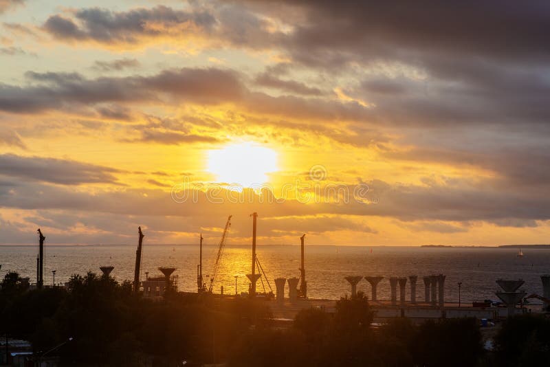 Dramatic Sunset Over the Construction Site Stock Image - Image of high ...