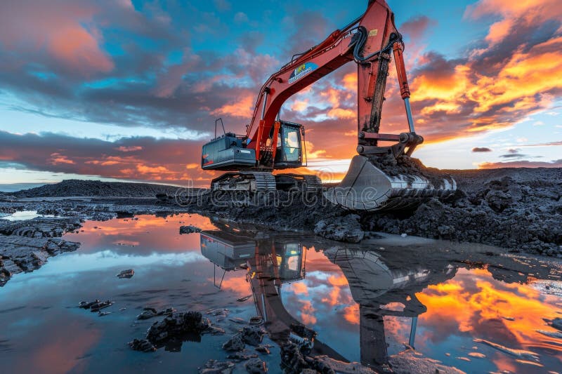 Vivid Sunset Over Construction Site, with a Digger Reflecting in Water ...
