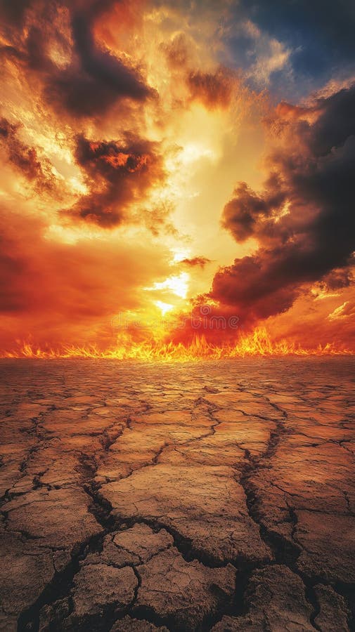 Dramatic Sunset Over Cracked Desert Landscape Symbolizing Climate ...