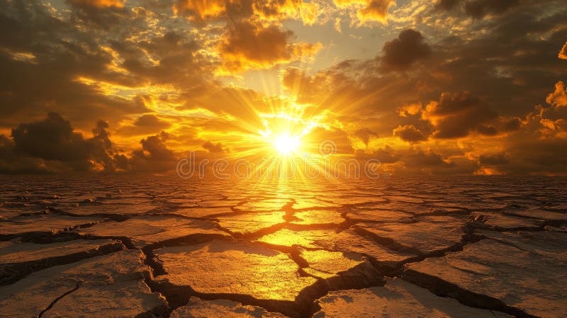 Dramatic Sunset Over Cracked Earth Landscape Depicting Climate Change ...