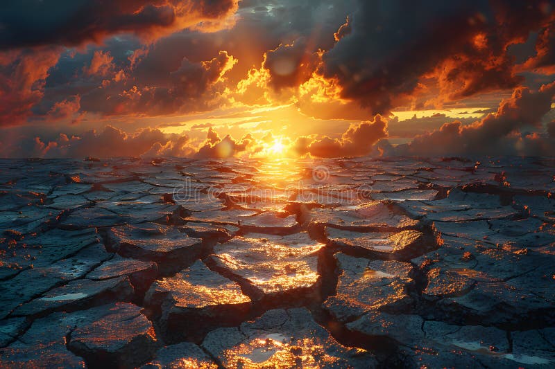 Dramatic Sunset Over Cracked Earth Landscape - Environmental and Nature ...