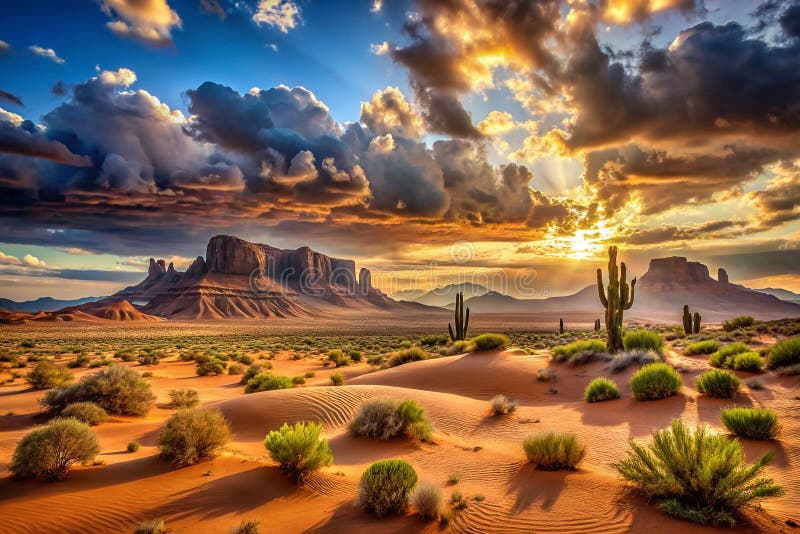 Dramatic Sunset Over Desert Landscape with Cacti and Sandstone ...