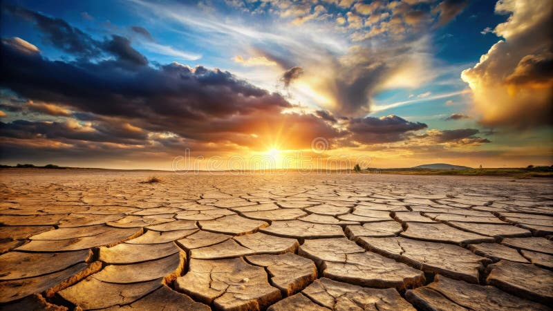 Dramatic Sunset Over a Dried and Cracked Earth Landscape. Generative AI ...