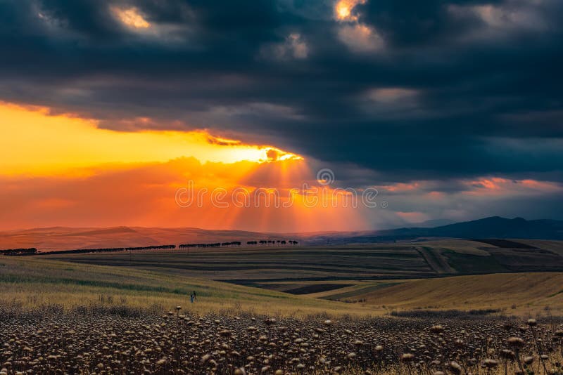 Dramatic Sunset Over Farm Fields Stock Photo - Image of summer, land ...