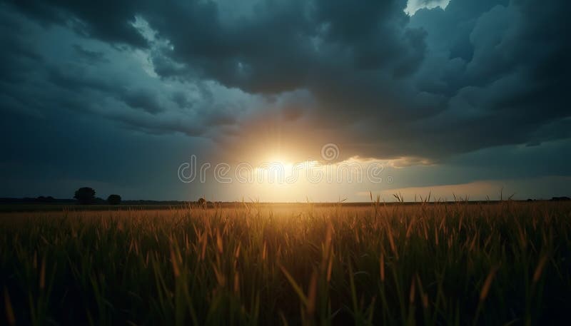 Dramatic Sunset Over Field with Dark Clouds Stock Illustration ...