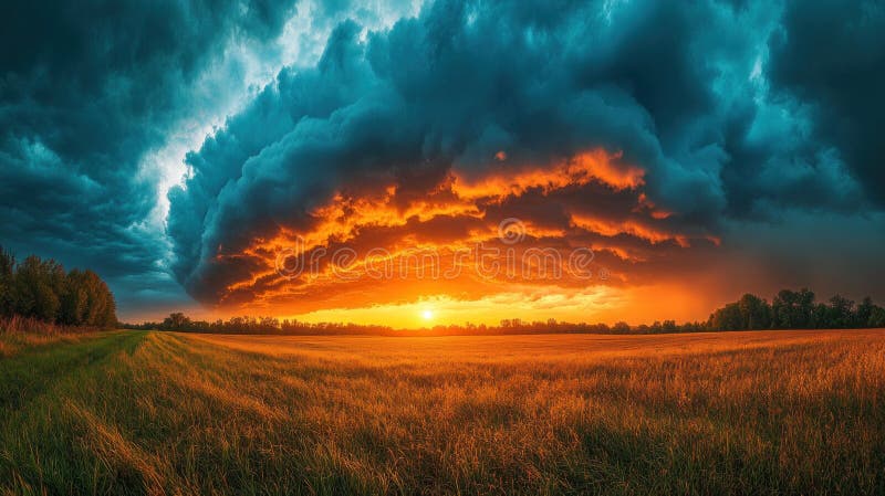 Dramatic Sunset Over a Field, Stormy Clouds Overhead Stock Illustration ...