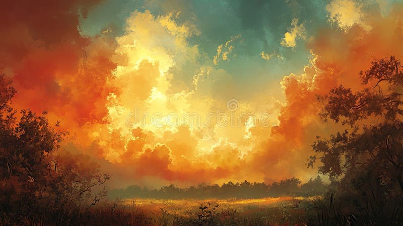 Dramatic Sunset Over a Field, Vibrant Orange and Yellow Clouds Stock ...