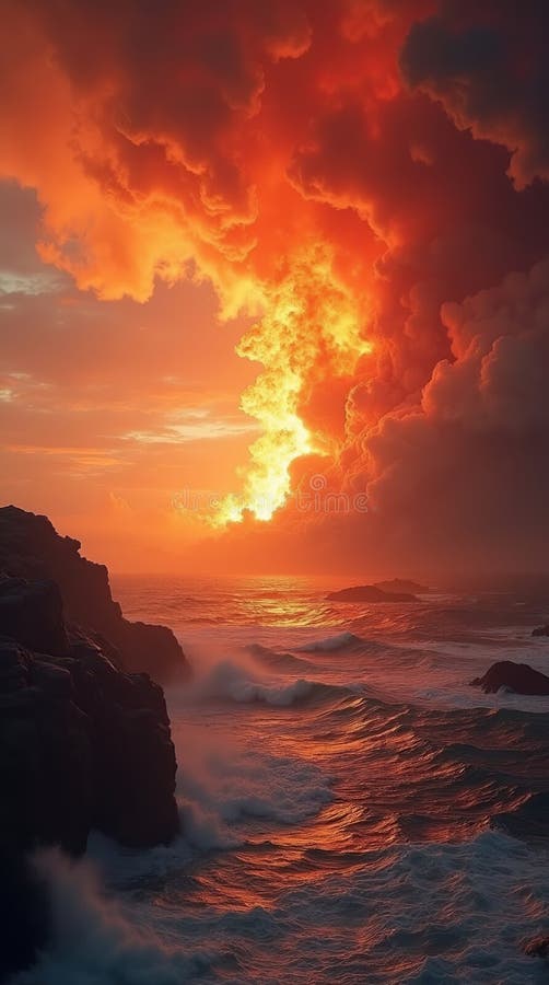 Dramatic Sunset Over Fiery Seascape with Intense Orange Clouds Stock ...