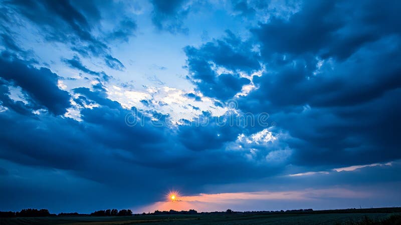 Dramatic Sunset Over Flat Farmland with Dark Blue Clouds Stock Photo ...