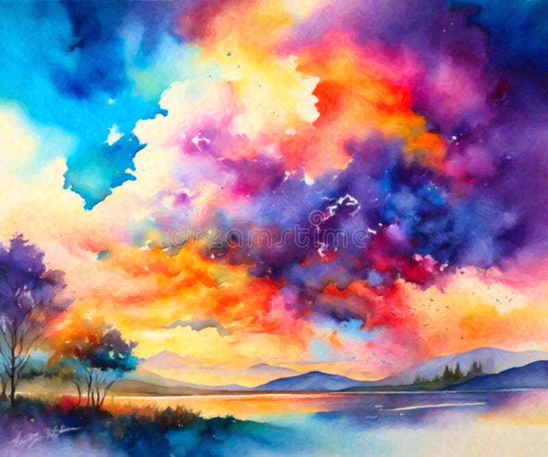 Dramatic Sunset Over the Forest: Watercolor Masterpiece Stock ...