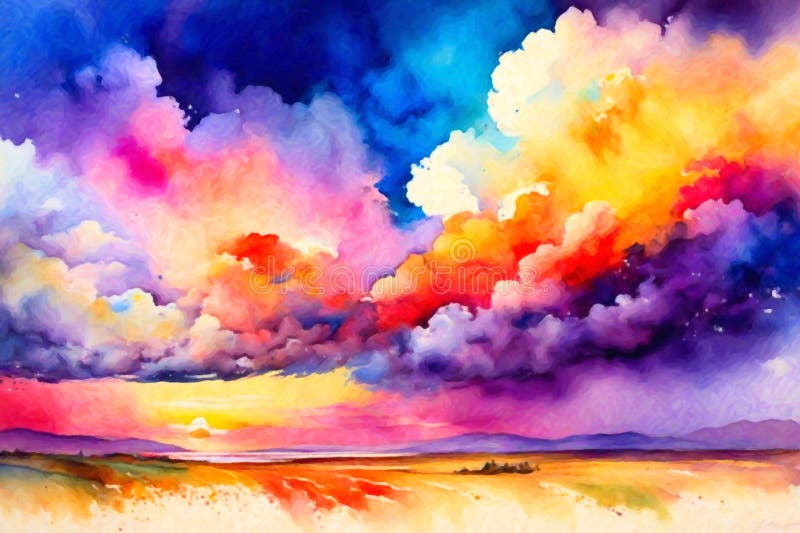 Dramatic Sunset Over the Forest: Watercolor Masterpiece Stock ...