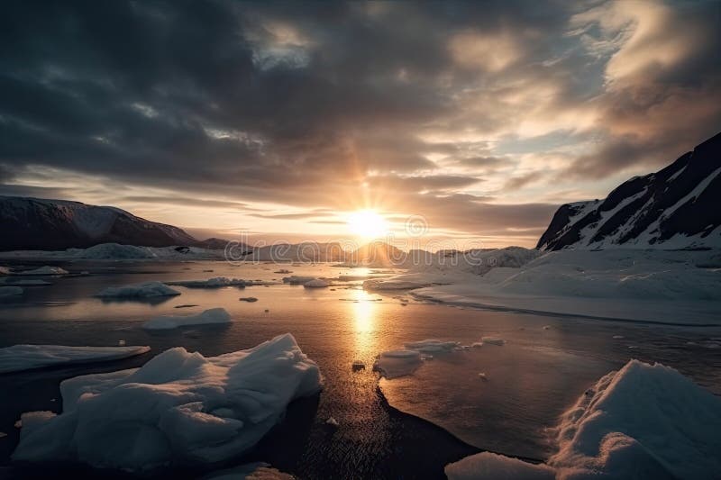 Dramatic Sunset Over Freezing Fiord, with the Sunrays Illuminating the ...