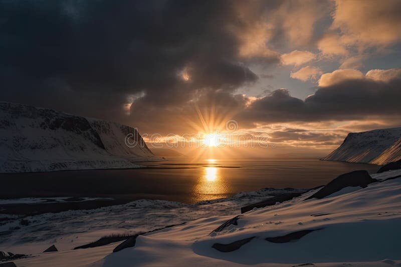 Dramatic Sunset Over Freezing Fiord, with the Sunrays Illuminating the ...