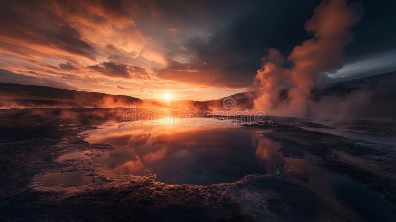Dramatic Sunset Over Geothermal Hot Springs with Reflective Clouds and ...