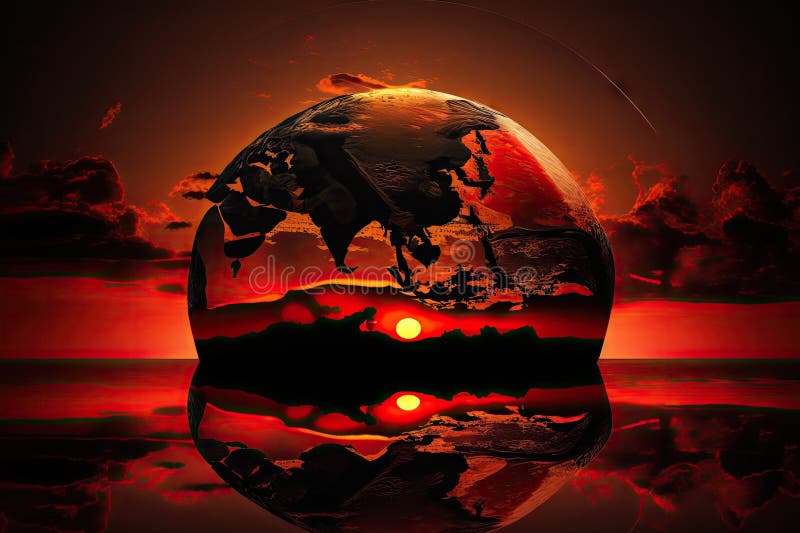 A Dramatic Sunset Over the Globe with a Fiery Red Sky, Silhouetting the ...