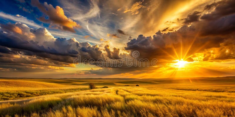Dramatic Sunset Over Golden Fields with Sun Rays and Dramatic Clouds ...
