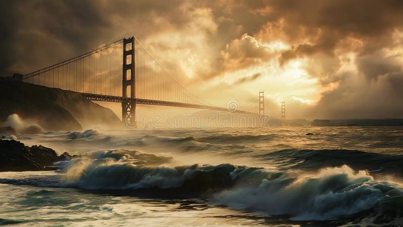 Dramatic Sunset Over Golden Gate Bridge with Ocean Waves Stock Video ...