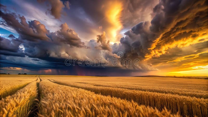 Dramatic Sunset Over Golden Wheat Field with Approaching Storm ...