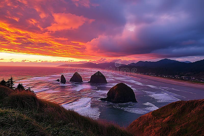 Dramatic Sunset Over Haystack Rock and Oregon Coastline a Breathtaking ...